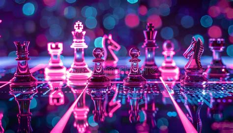 chess pieces on board in neon lights circuit board pattern and binary