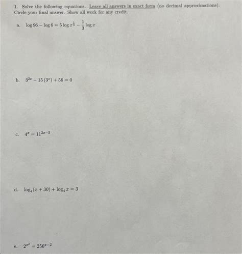 solved 1 solve the following equations leave all answers