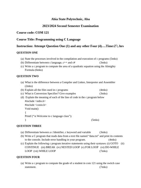 Marking Scheme Com121 2023and24011353 Pdf Control Flow C Programming Language