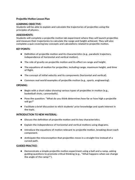 Projectile Motion Lesson Plan Pdf Projectiles Trajectory