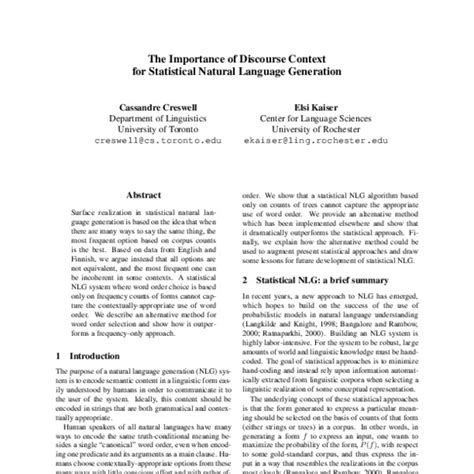 The Importance Of Discourse Context For Statistical Natural Language Generation Acl Anthology