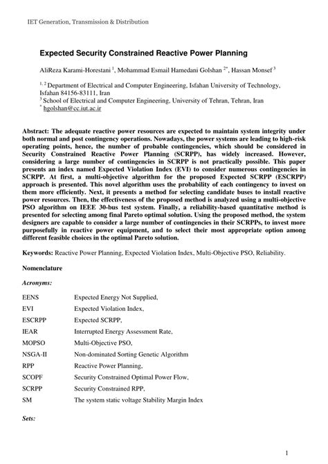 pdf expected security constrained reactive power planning
