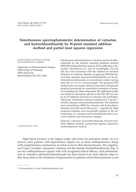 Pdf Simultaneous Spectrophotometric Determination Of Valsartan And Hydrochlorothiazide By H