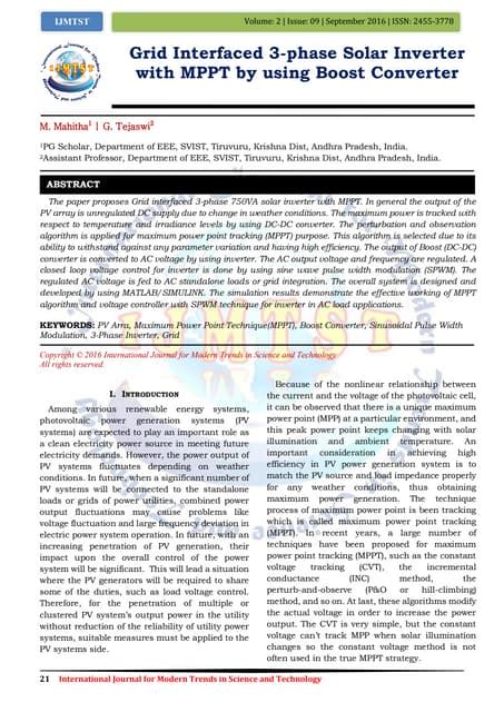 Grid Interfaced 3 Phase Solar Inverter With Mppt By Using Boost
