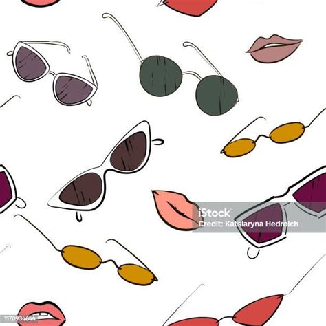 컬러풀한 레트로 스타일의 선글라스와 입술 또는 키스와 여름 원활한 패턴 종이 포장 벽지의 직물에 적합합니다 0명에 대한 스톡
