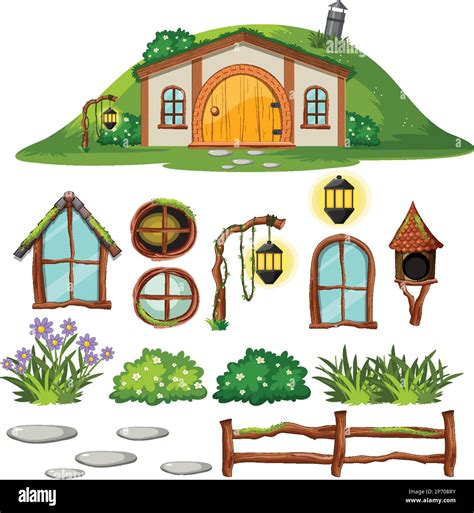 Set Of Hobbit House With Seperate Door And Window Illustration Stock
