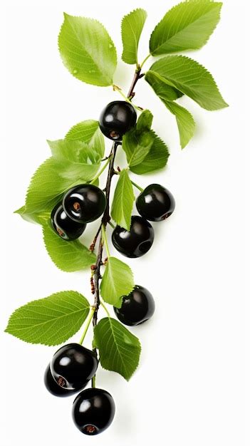 Premium AI Image | a branch of black cherries with green leaves