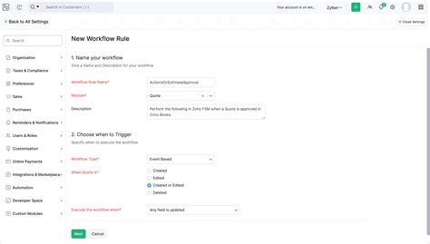 zoho fsm perform actions in zoho fsm on quote estimate approval in