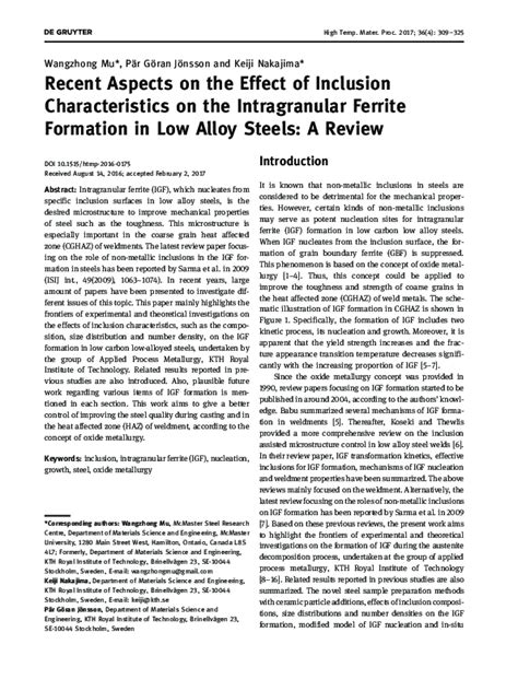 Pdf Recent Aspects On The Effect Of Inclusion Characteristics On The Intragranular Ferrite
