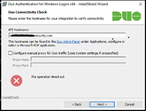 How Do I Resolve A The Operation Timed Out Error When Installing Duo For Windows Logon And Rdp