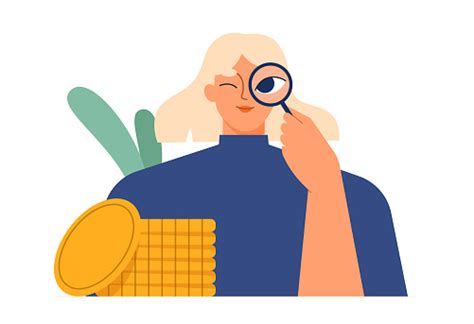 돋보기로 돈을 보고 수익을 찾는 여성 재무 분석 조사 또는 연구 수입 저축 경제 개념 개념에 대한 스톡 벡터 아트 및 기타