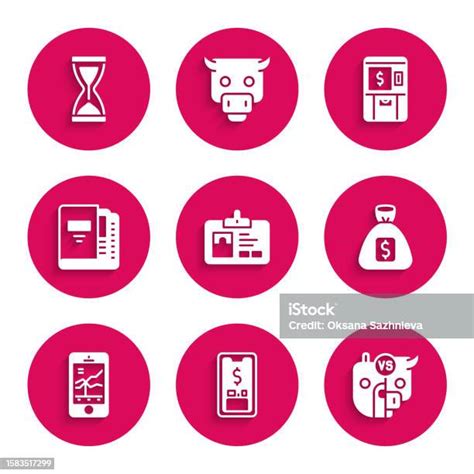 식별 배지 달러 주식 시장의 황소와 곰 돈 가방 거래 사무실 폴더 Atm 돈 및 오래된 모래 시계 아이콘과 모바일을 설정합니다 벡터 0명에 대한 스톡 벡터 아트 및 기타