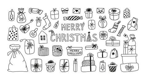 선물 상자와 패키지와 클립 아트의 메리 크리스마스 세트 손으로 그린 벡터 낙서 낙서 드로잉에 대한 스톡 벡터 아트 및 기타 이미지 낙서 드로잉 더미 산더미 Istock