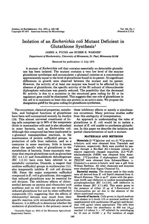 Pdf Isolation Of An Escherichia Coli Mutant Deficient In Glutathione Synthesis