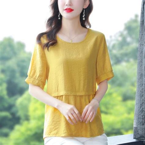 40 50대 미시 라운드 무지 핀턱 뒷단추 이중 반팔 티셔츠 블라우스 여름 엄마옷 블루