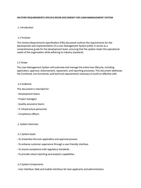 Factory Requirements Specification Document For Loan Management System