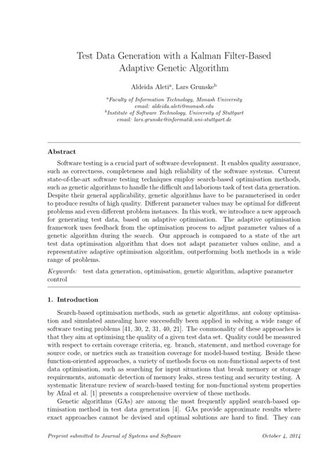 Pdf Test Data Generation With A Kalman Filter Based Adaptive Genetic Algorithm