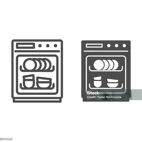 식기 세척기 라인과 단단한 아이콘 주방 장비 개념 흰색 배경에 접시 세탁기 기계 기호 모바일 개념 및 웹 디자인을위한 윤곽 스타일의 식기 세척기 아이콘 벡터 그래픽 식기