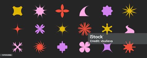 기본 기하학적 모양이 설정됩니다 다채로운 추상적 인 별과 꽃은 스위스 또는 바우 하우스 스타일로 형성됩니다 포스터 배너 콜라주에 대한 잔인한 요소 컬렉션 검은 배경에 벡터