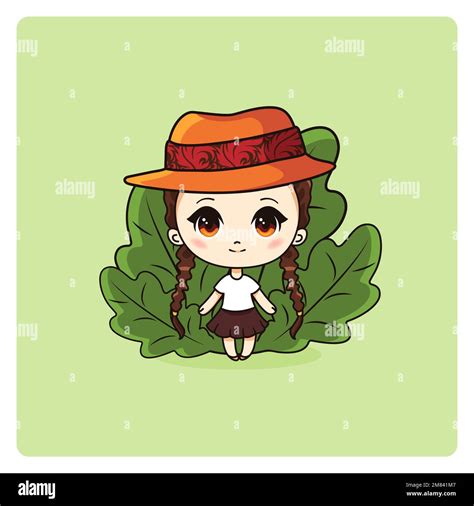Cute And Kawaii Girl In Hat Manga Chibi Wit Leaves Stock Vector Image And Art Alamy