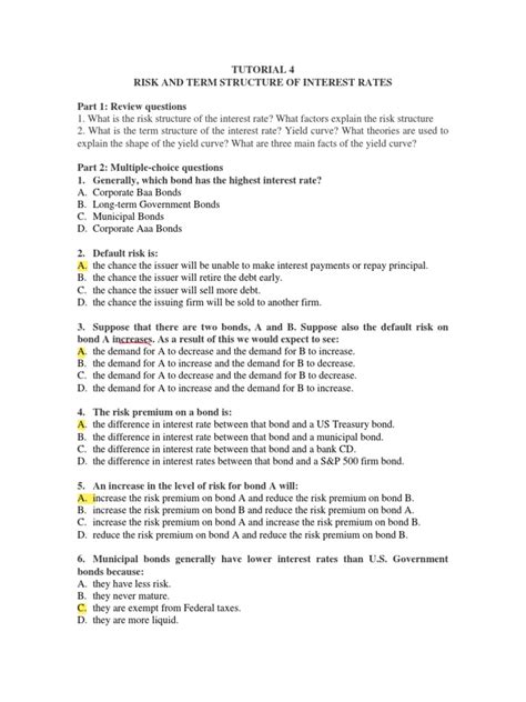 Tutorial 4 Questions Pdf Yield Curve Bonds Finance