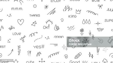 긍정적 인 단어 완벽 한 패턴 와우 사랑 왕 귀여움 좋은 글자 낙서 작은 표현 요소 느낌표 화살표 하트 벡터 배경 곡선에 대한