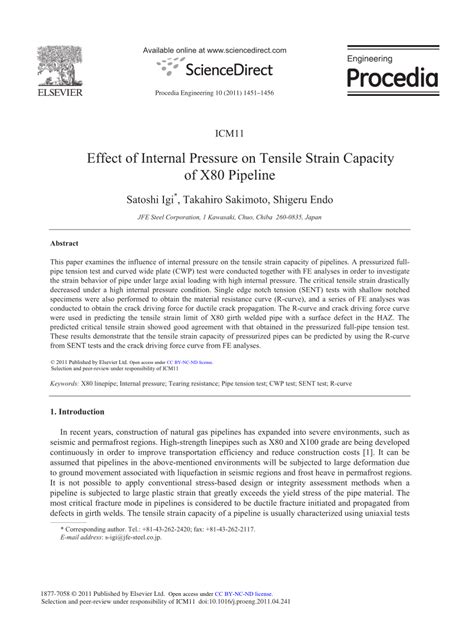 Pdf Effect Of Internal Pressure On Tensile Strain Capacity Of X80 Pipeline
