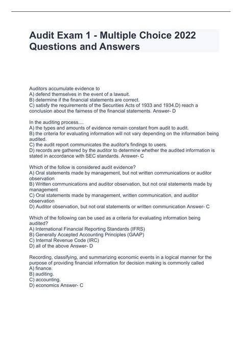 Audit Exam 1 Multiple Choice 2022 Questions And Answers Audit