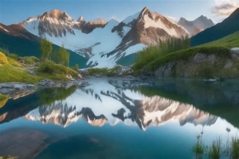Premium AI Image Wallpaper Desktop Mountain Range Reflected In Calm Water Generating Stream