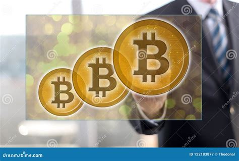 Man Touching A Bitcoin Currency Concept Stock Image Image Of