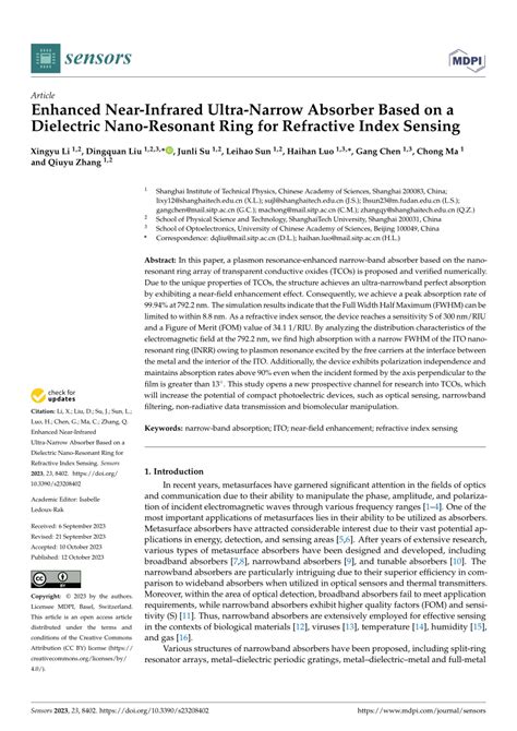 Pdf Enhanced Near Infrared Ultra Narrow Absorber Based On A Dielectric Nano Resonant Ring For