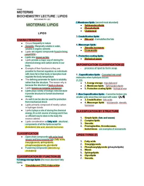 Midterm Biochem Lecture MIDTERMS BIOCHEMISTRY LECTURE LIPIDS BIOCHEMISTRY LEC MIDTERMS