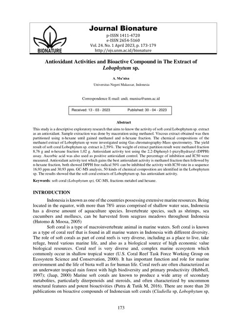 Pdf Antioxidant Activities And Bioactive Compound In The Extract Of Lobophytum Sp