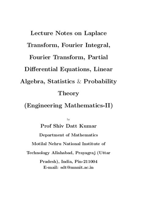 Pdf Lecture Notes On Laplace Transform Fourier Integral Fourier
