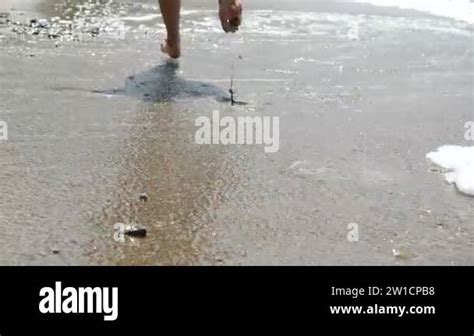 Close Up Womans Feet Running On The Hot Sunny Sand Beach Active Sporty