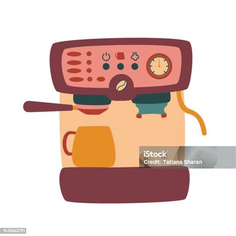 캐럽 또는 자동 커피 머신 흰색 배경에 고립 된 컵이있는 커피 머신의 정면보기 플랫 벡터 만화 일러스트 레이 션 클립 아트 가정 생활에 대한 스톡 벡터 아트 및 기타 이미지