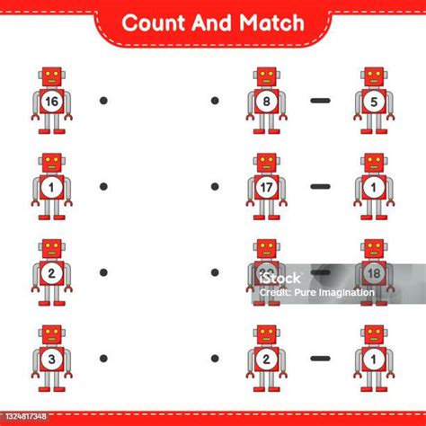 계산 및 일치 로봇 캐릭터의 수를 계산하고 올바른 숫자와 일치합니다 교육 어린이 게임 인쇄 워크 시트 벡터 일러스트레이션 0명에 대한 스톡 벡터 아트 및 기타 이미지