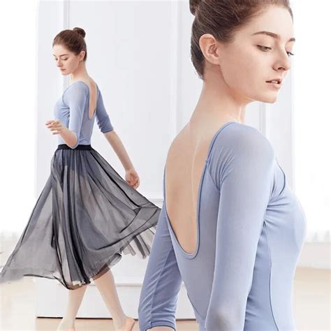 Women Black Mesh Dance Leotards Three Quarter Sleeve Ballet Leotards Adult Ballet Practice Dance
