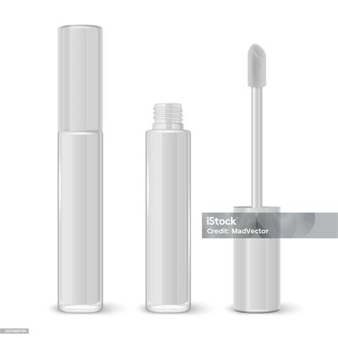 벡터 3d 현실적인 폐쇄 오픈 화이트 립 글로스 립스틱 패키지 세트 흰색 배경에 격리 유리 용기 튜브 뚜껑 브러시 플라스틱 투명 병 디자인 템플릿 모형 전면 보기 화장용