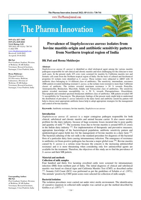 Pdf Prevalence Of Staphylococcus Aureus Isolates From Bovine Mastitis