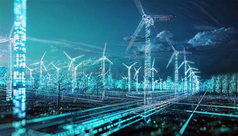 Conceptual Image With Wind Turbines And Binary Code 3d Rendering