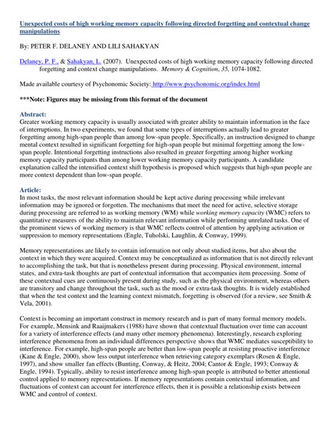 Pdf Unexpected Costs Of High Working Memory Capacity Following Directed Forgetting And