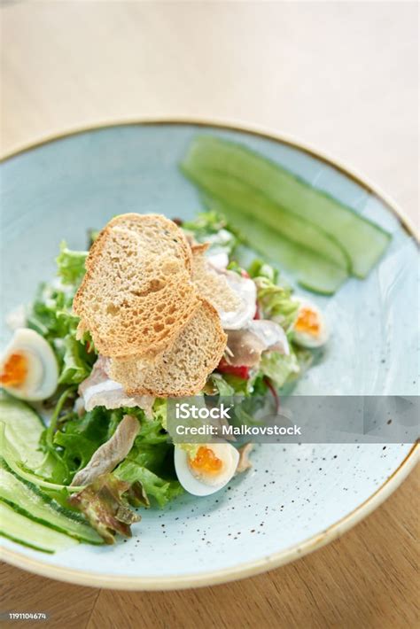 양혀 소금에 절인 오이 메추라기를 곁들인 올리비에 샐러드 나무 테이블 배경입니다 메뉴 레스토랑 러시아 전통 샐러드 0명에 대한 스톡 사진 및 기타 이미지 Istock