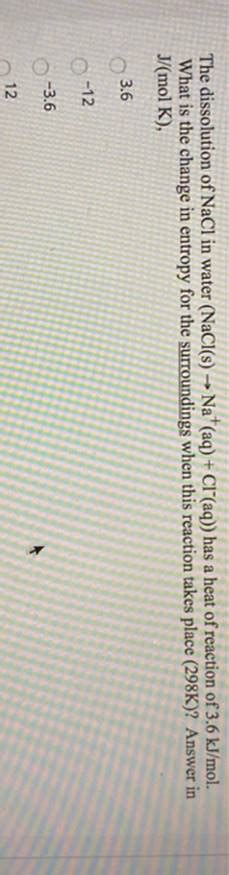 Solved The Dissolution Of Nacl In Water Nacl S Na Aq Cl Aq 1 Answer