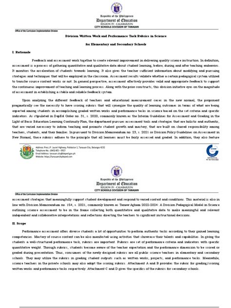 Rubrics Division Written Work And Performance Task Rubrics In Science Pdf Educational