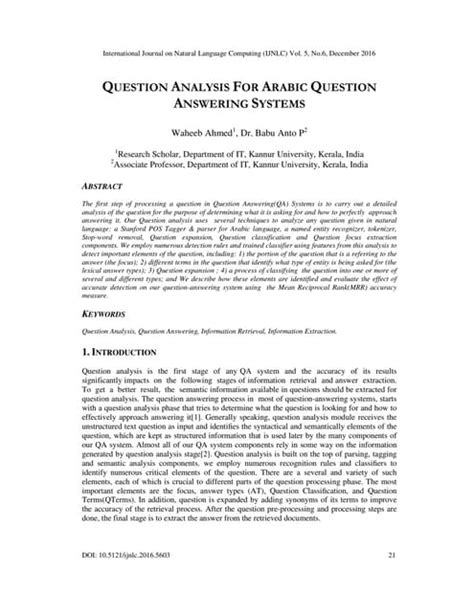 Question Analysis For Arabic Question Answering Systems Pdf