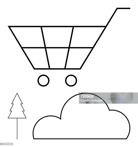 전자 상거래 및 환경 테마를 위한 구름과 나무 요소가 있는 쇼핑 카트의 미니멀한 디자인 Saas에 대한 스톡 벡터 아트 및 기타