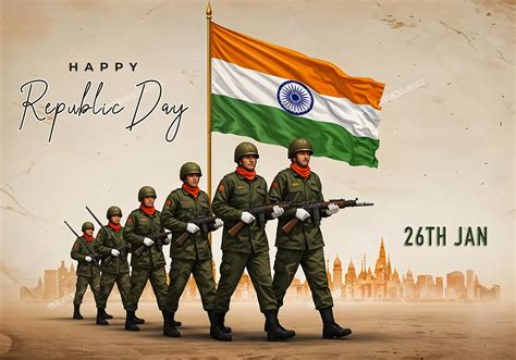 Happy Republic Day Brave Indian Parade With Indian Flag Background