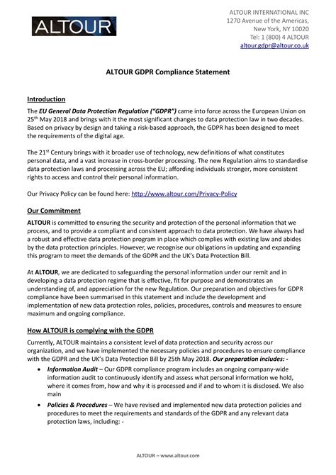Altour Gdpr Compliance Statement V4 Pdf