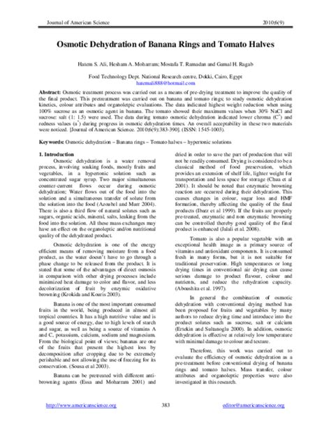 Pdf Osmotic Dehydration Of Banana Rings And Tomato Halves